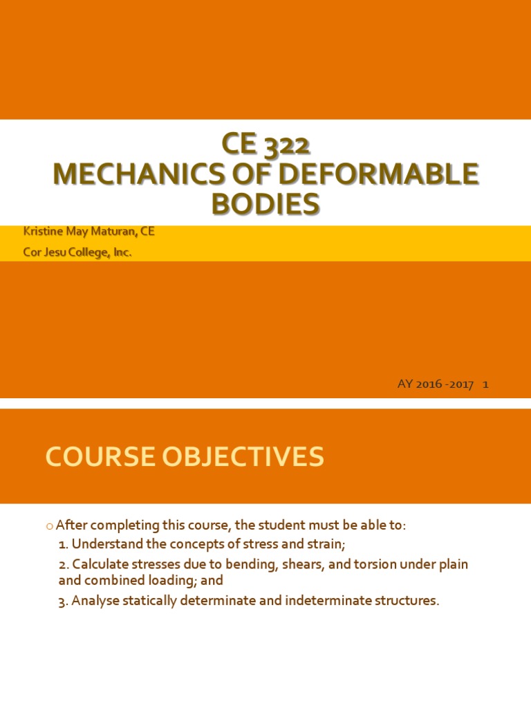 CE 322 Mechanics of Deformable Bodies: Kristine May Maturan, CE Cor Jesu College, Inc | PDF ...