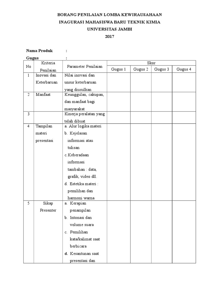 Borang Penilaian Lomba Science Project | PDF