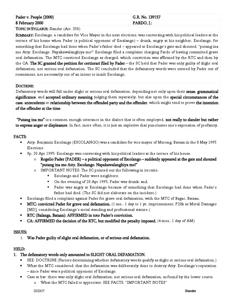 Pader v. People | PDF | Defamation | Virtue