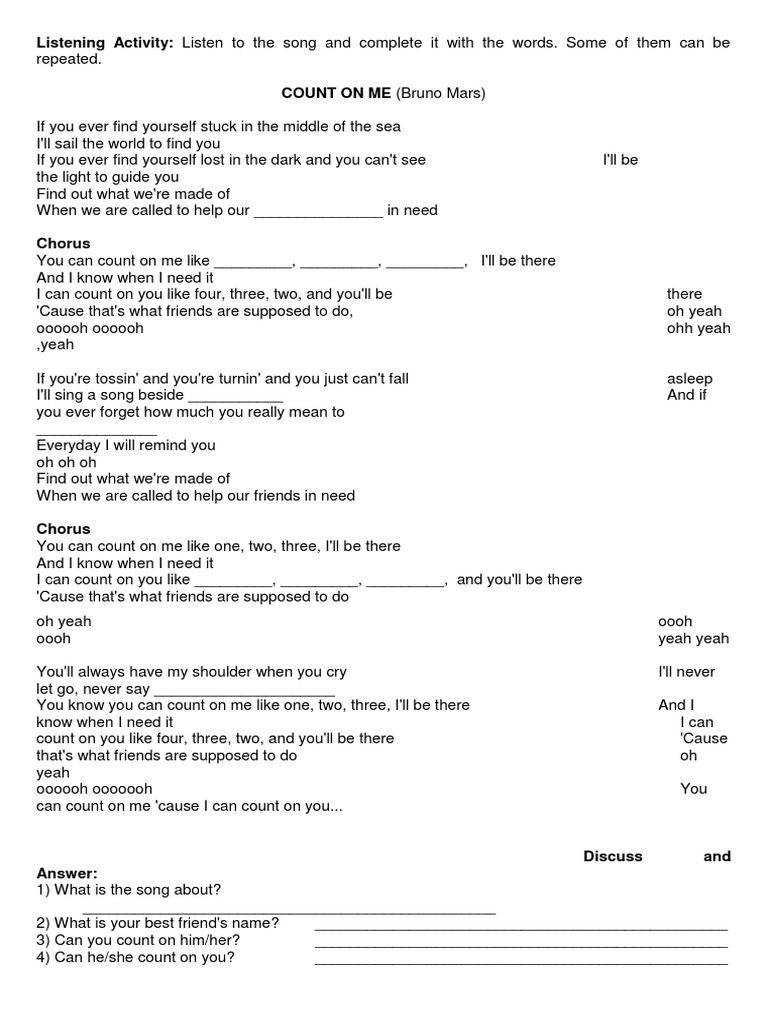 Listening Activity: Listen To The Song and Complete It With The Words ...
