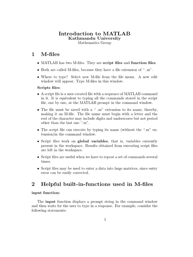 An Introduction To Script And Function Files In Matlab Pdf Function Mathematics Matlab