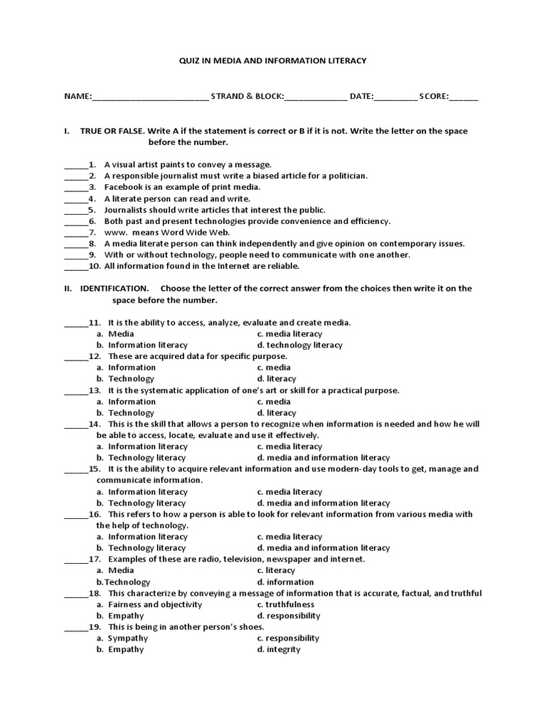 Quiz in Media and Information Literacy | PDF | Literacy | Information ...