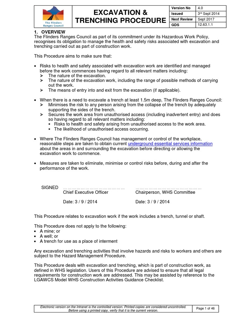 24 - Excavation and Trenching Procedure V2.0 PDF | PDF | Occupational Safety And Health | Risk ...