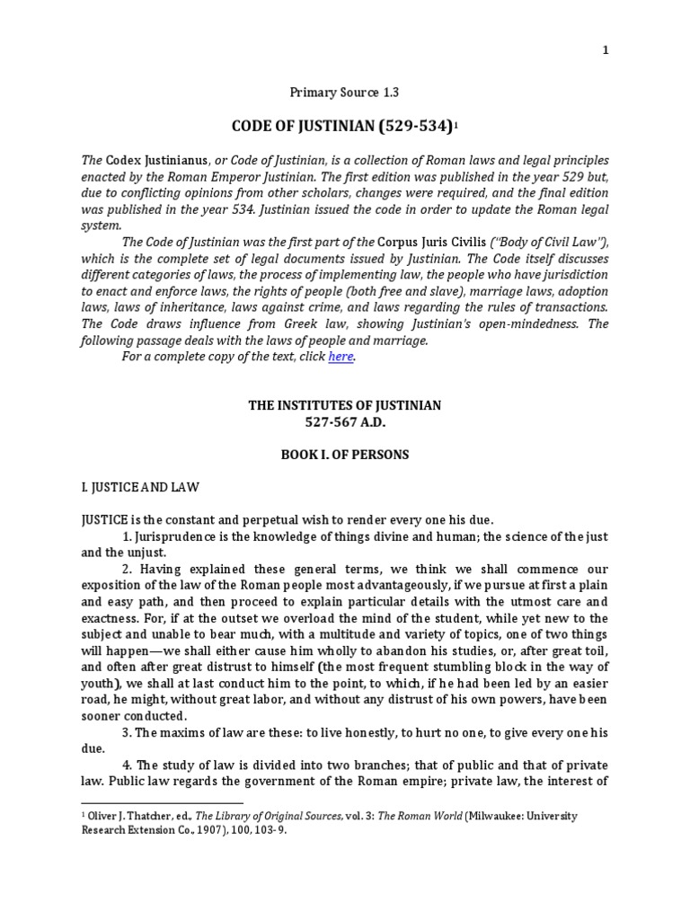 Primary Source 1 3 - Code of Justinian | PDF | Wife | Marriage