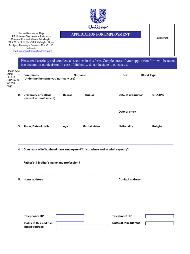 Unilever Employee Application Form | PDF | Business | Further Education