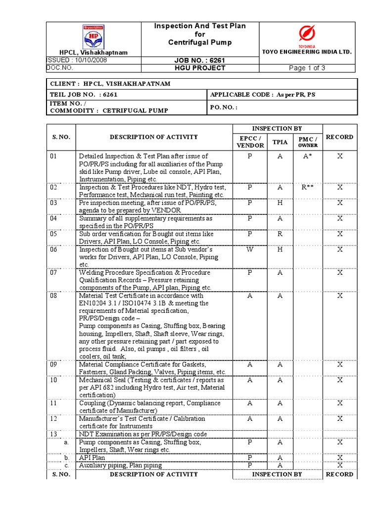 22.1-ITP-ROT-001 ITP For Centrifugal Pump PDF | PDF | Pump | Bearing ...