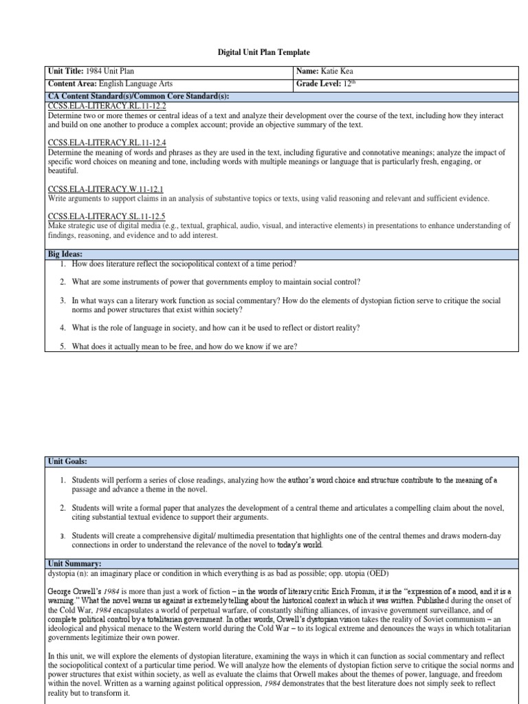 Digital Unit Plan Template | PDF | Dystopia | Essays