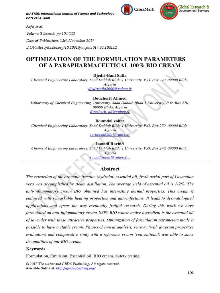 Optimization Of The Formulation Parameters Pdf Lavandula Cosmetics