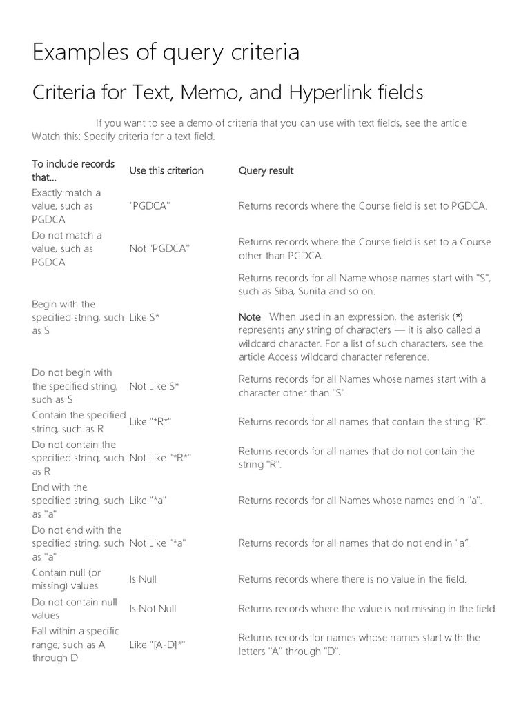 Examples of Query Criteria | PDF | String (Computer Science) | Computer ...