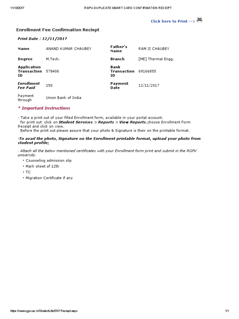 Rgpv-Duplicate Smart Card Confirmation Receipt | PDF