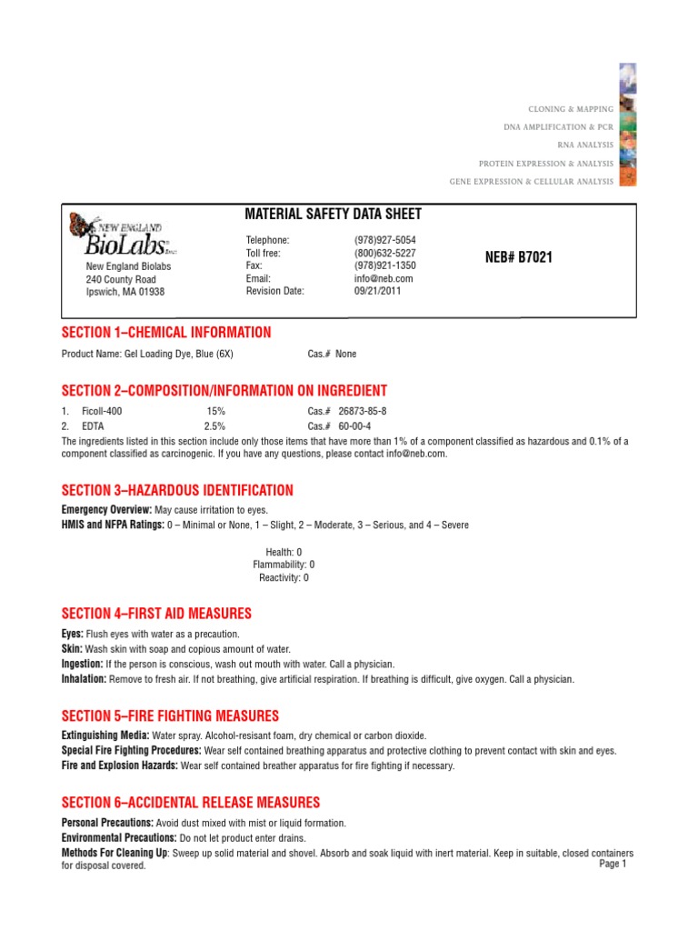 Gel Loading Dye, Blue 6X B7021 Msds | Personal Protective Equipment ...