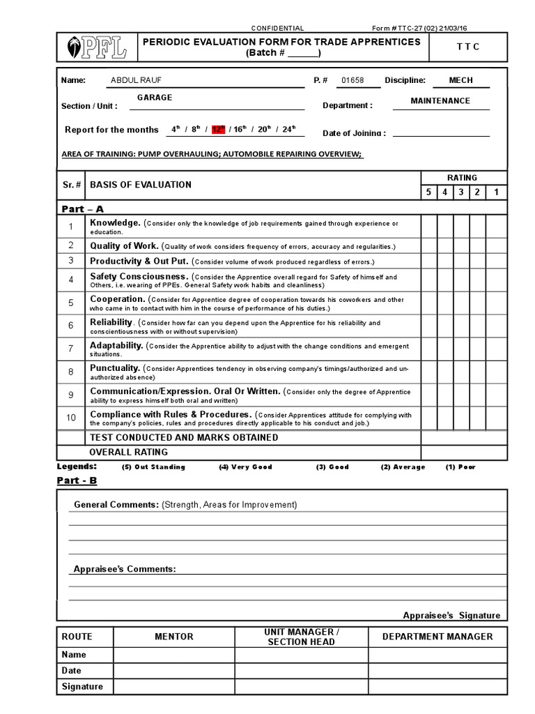 27-Rev 02 Periodic Evaluation Form Trade Apprentices - A. RAUF | PDF ...