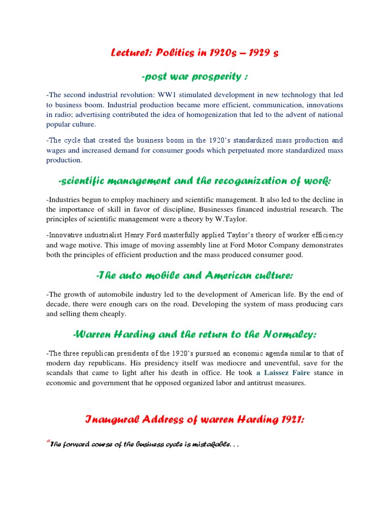 Post War Prosperity:: Lecture1: Politics in 1920s - 1929 S | PDF | New ...