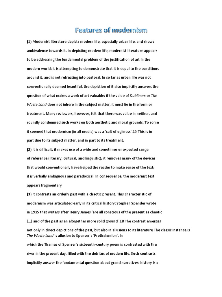 Features of Modernism | PDF | Modernism | Literary Modernism