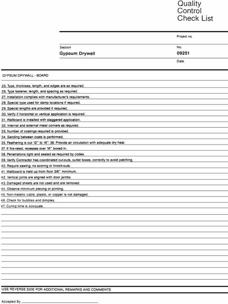 Quality Control Checklist - Gypsum Drywall | PDF