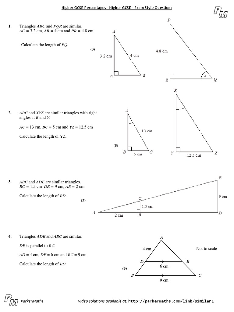 Similar Shapes - Higher GCSE - Exam Style Questions | PDF | Triangle ...