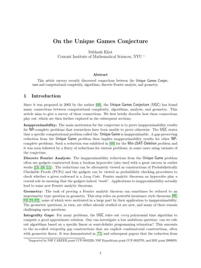 On The Unique Games Conjecture: Subhash Khot Courant Institute of ...