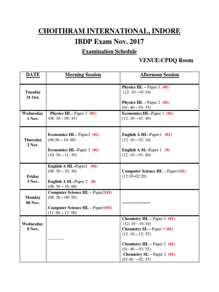 Ibdp Exam Nov.2017 (TT) | PDF | Schools | Statistics Of Education
