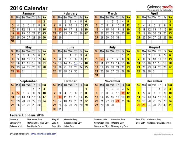 2016 Calendar Landscape Year at A Glance | PDF | Secular Holidays ...
