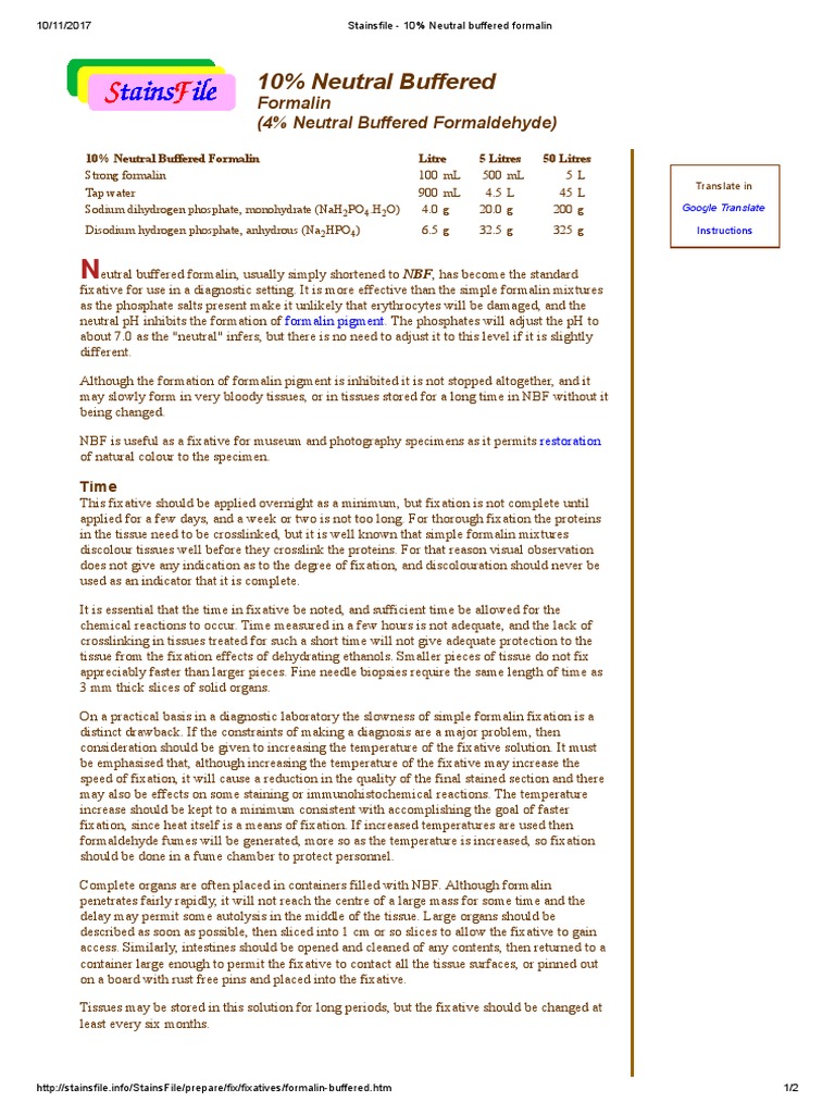 Stainsfile - 10% Neutral Buffered Formalin | PDF | Fixation (Histology ...