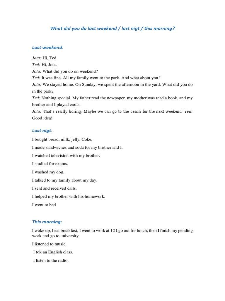 Weekend and Daily Activities Recap | PDF