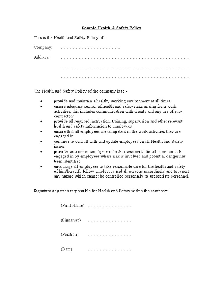 Sample Health and Safety Policy | PDF | Occupational Safety And Health ...