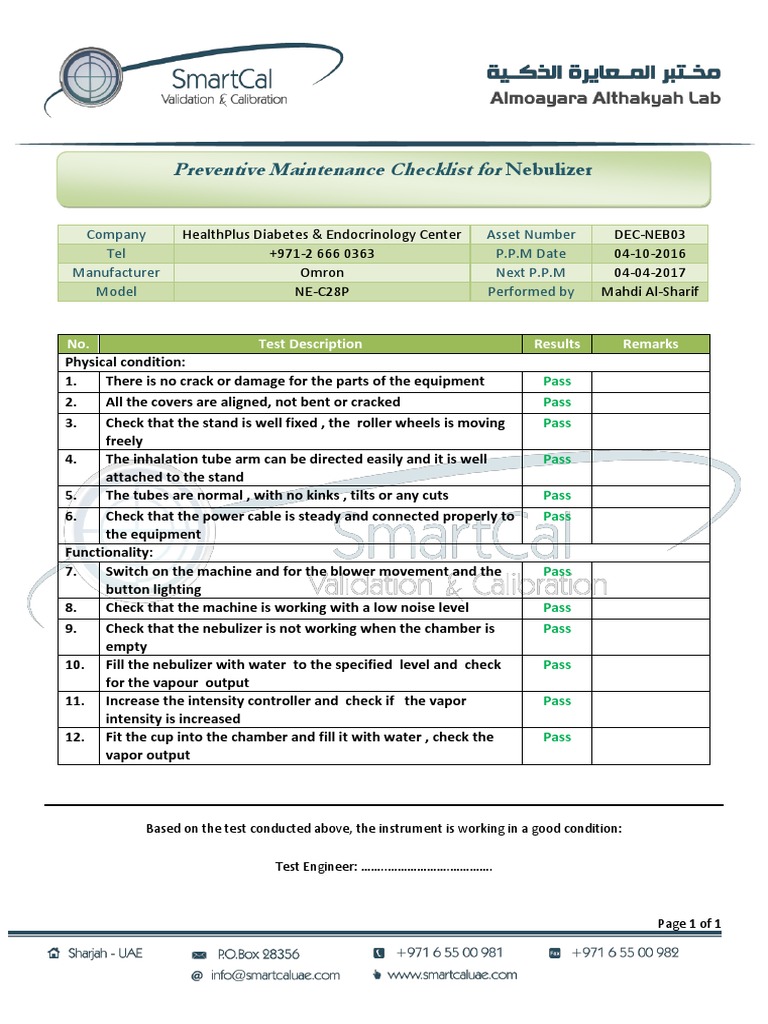 Preventive Maintenance Checklist For: Nebulizer | PDF