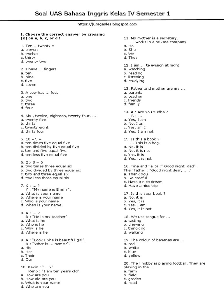 Soal UAS Bahasa Inggris Kelas 4 Semester 1 | PDF