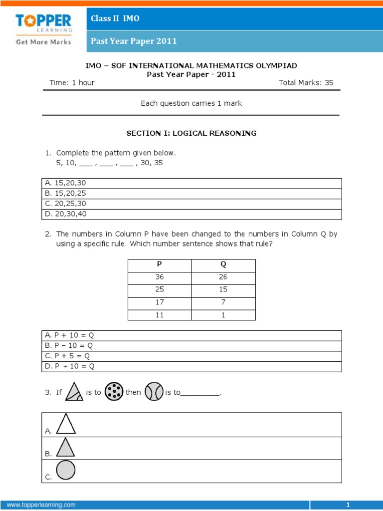 Class Ii Imo Past Year Paper 2011 | Mathematics | Nature