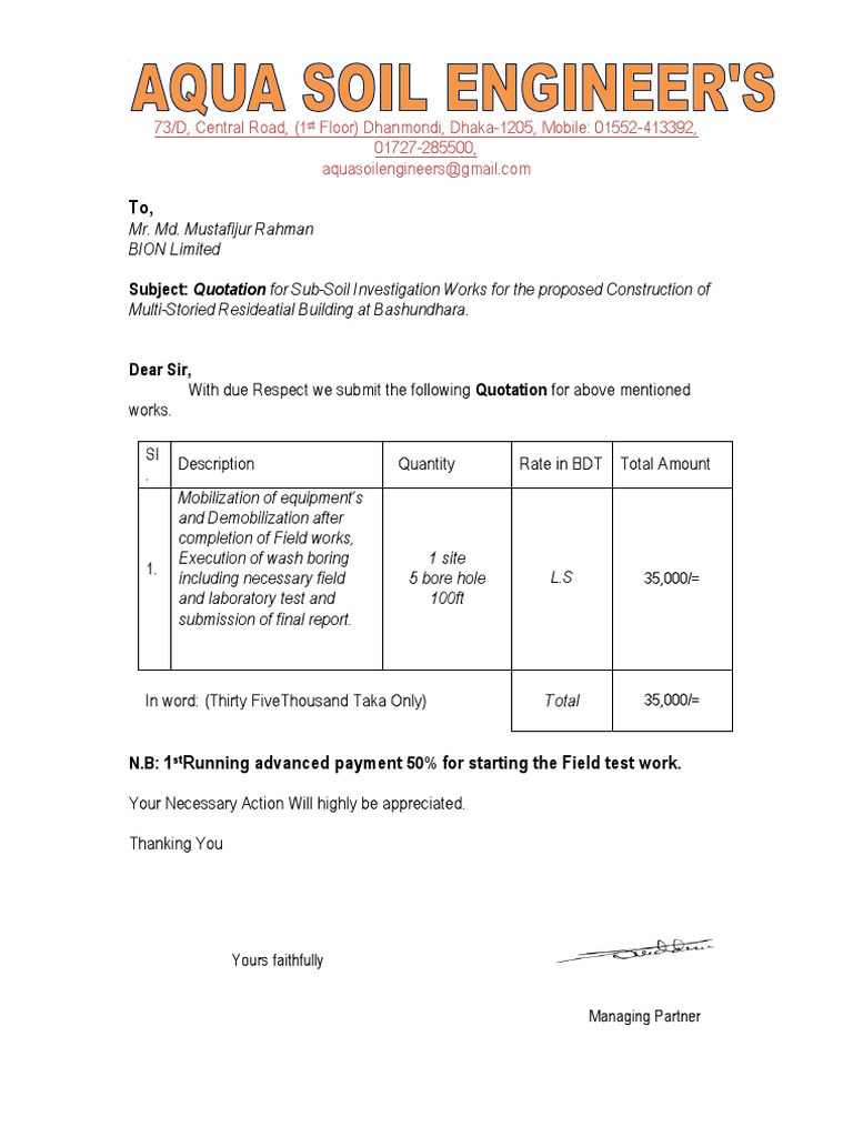 Quatation For Sub Soil Investigation | PDF