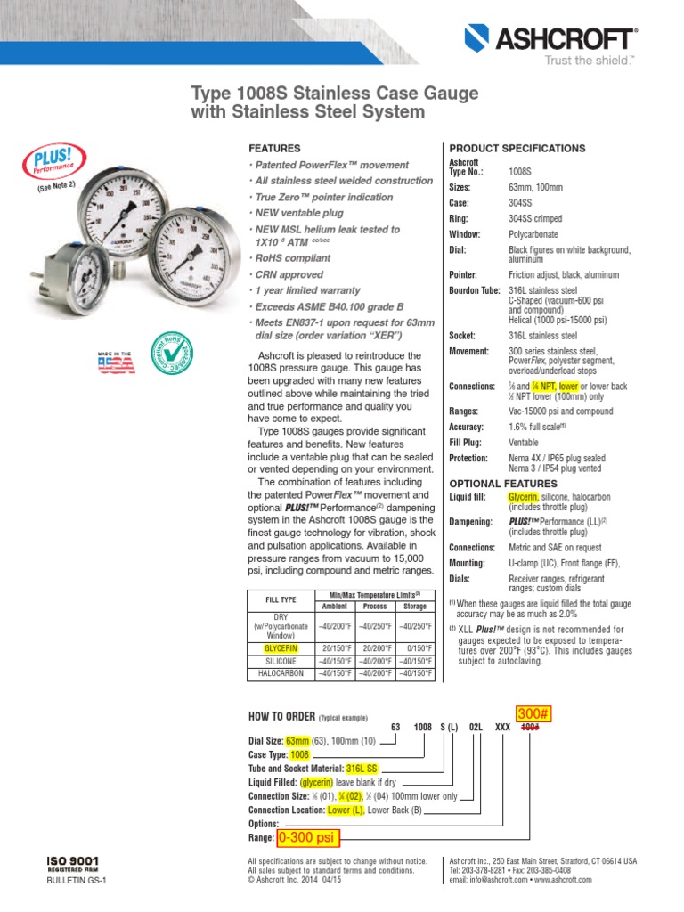 Ashcroft 1008S | PDF | Pressure Measurement | Screw