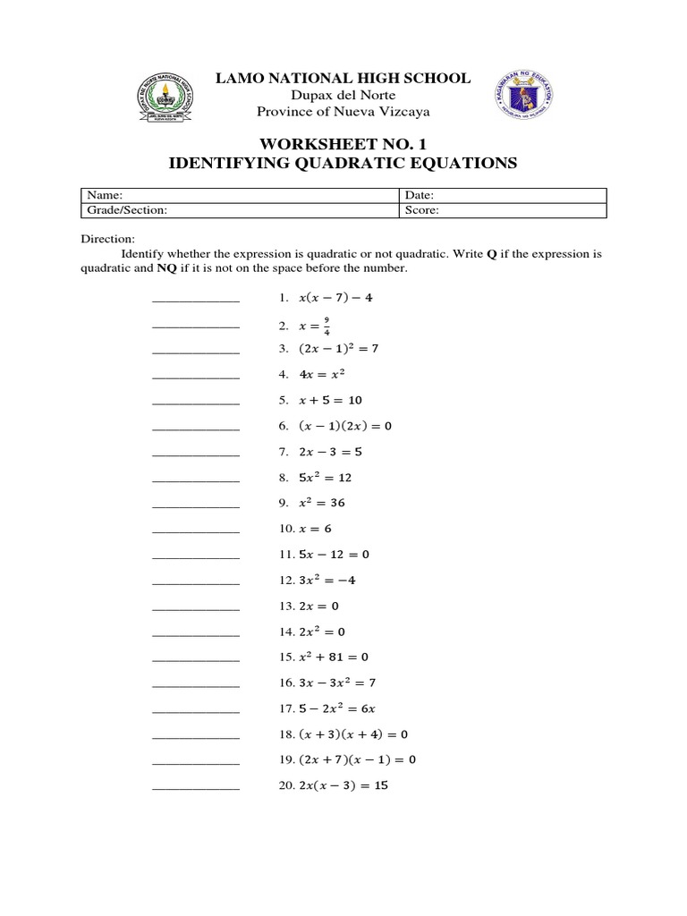 Worksheet No. 1 Identifying Quadratic Equations: Lamo National High ...