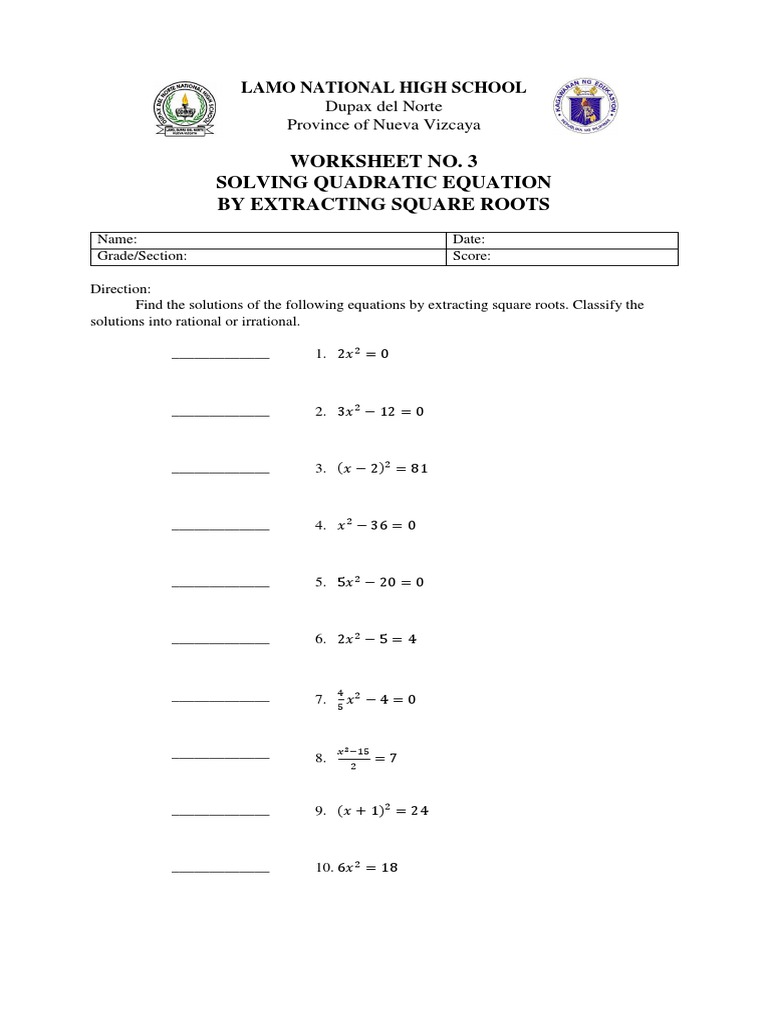 Worksheet No. 3 Solving Quadratic Equation by Extracting Square Roots | PDF