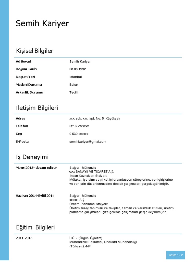 Yeni Mezun Stajyer CV Ornegi | PDF