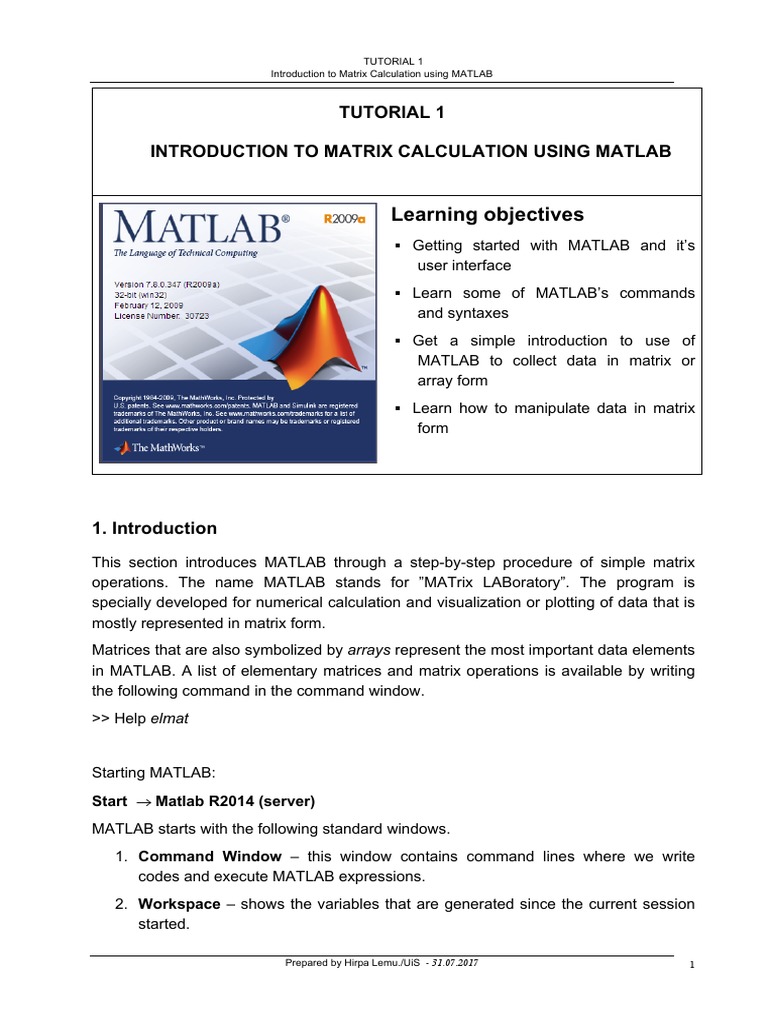 Learning Objectives: Tutorial 1 Introduction To Matrix Calculation ...