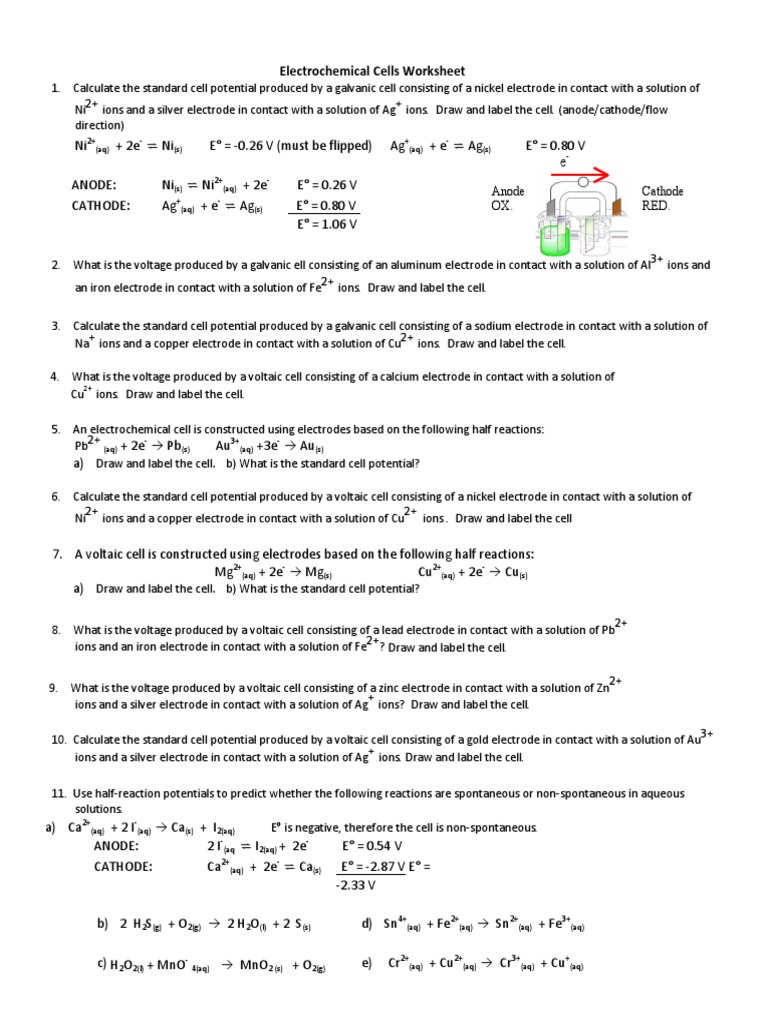 Electrochemical Cells Worksheet: Calculate Standard Cell Potentials ...