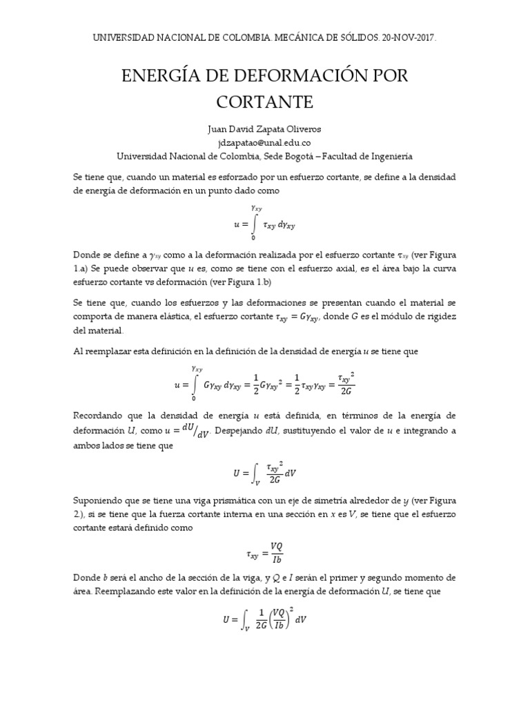 Efecto Del Esfuerzo Cortante en La Energía de Deformación de Una Viga. | PDF | Deformación ...