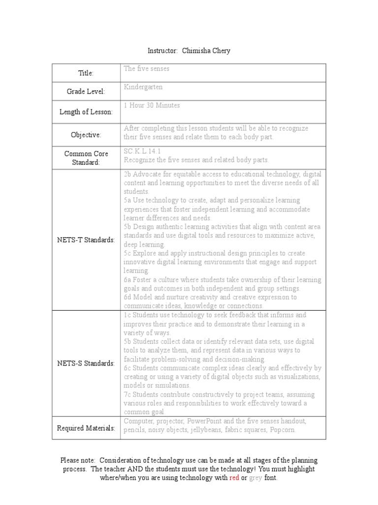 Kindergarten Five Senses Lesson Plan | PDF | Pedagogy | Learning