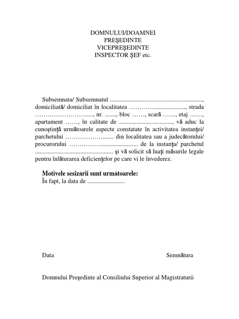 Model de Cerere de Sesizare A Inspectiei Judiciare | PDF
