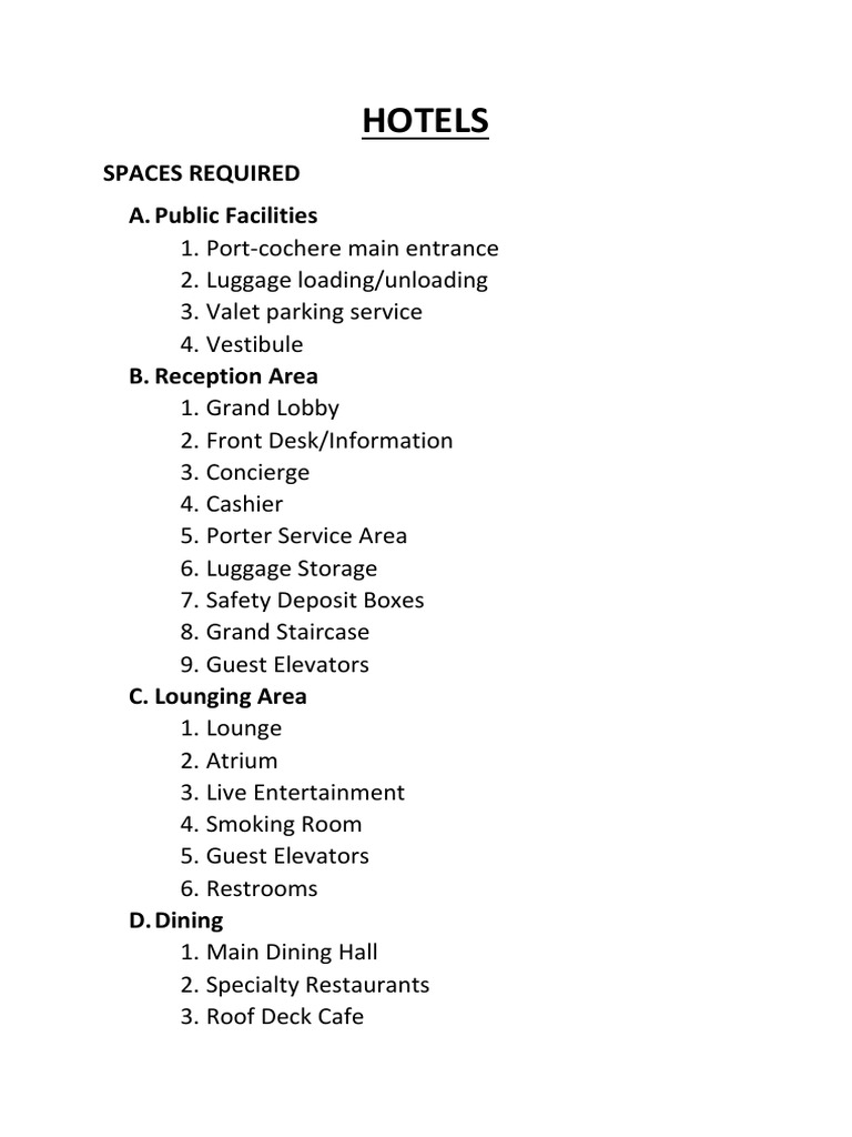 Hotels: Spaces Required A. Public Facilities | PDF
