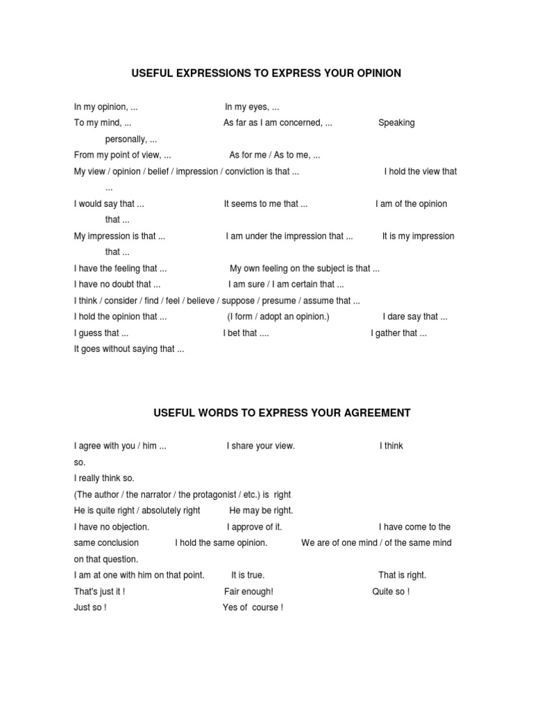 Useful Expressions To Express Your Opinion | PDF | Narration | Mind