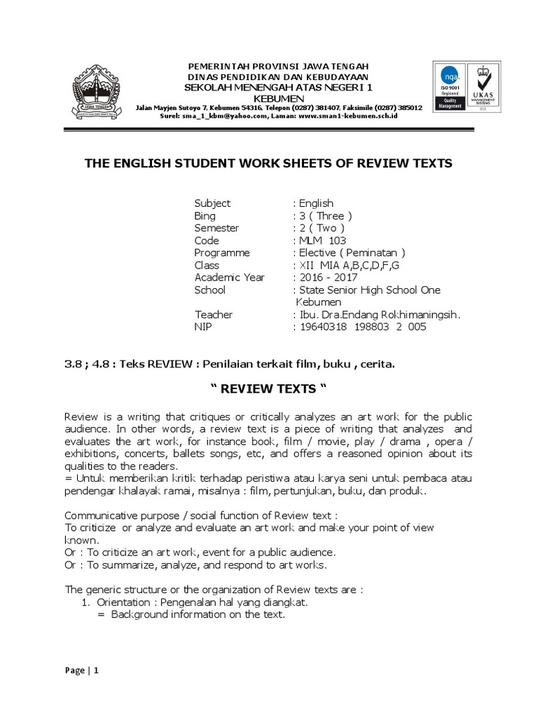 The Teacher's - Moduls and Students' Worksheets of Review Texts | PDF ...
