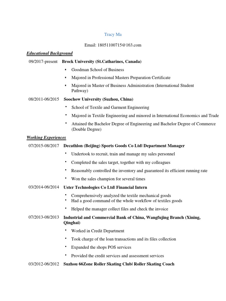 Tracy Ma Resume | PDF | Engineering | Textile And Clothing