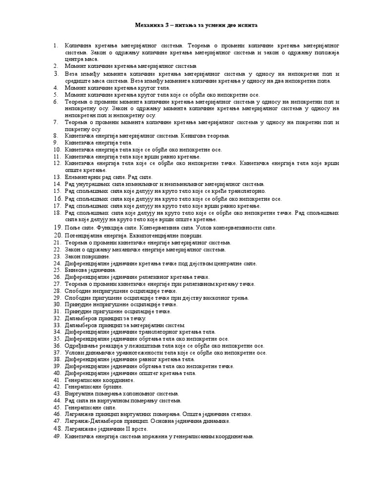 Mehanika 3 - Pitanja Za Usmeni | PDF