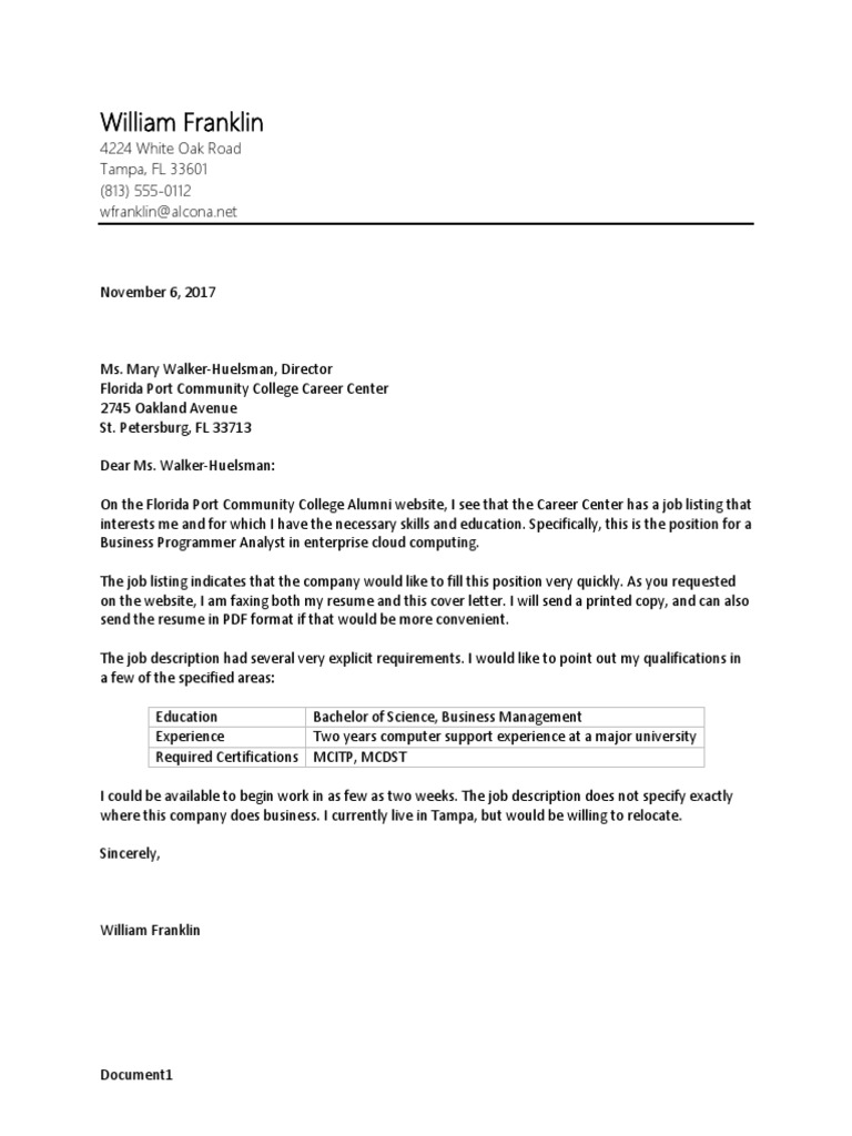 Cover Letter and Resume of William Franklin Applying for a Business ...