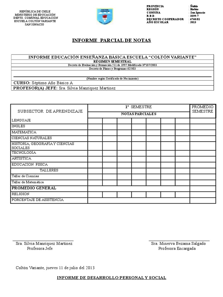 Informe Parcial de Notas | PDF | Educación primaria | Maestros
