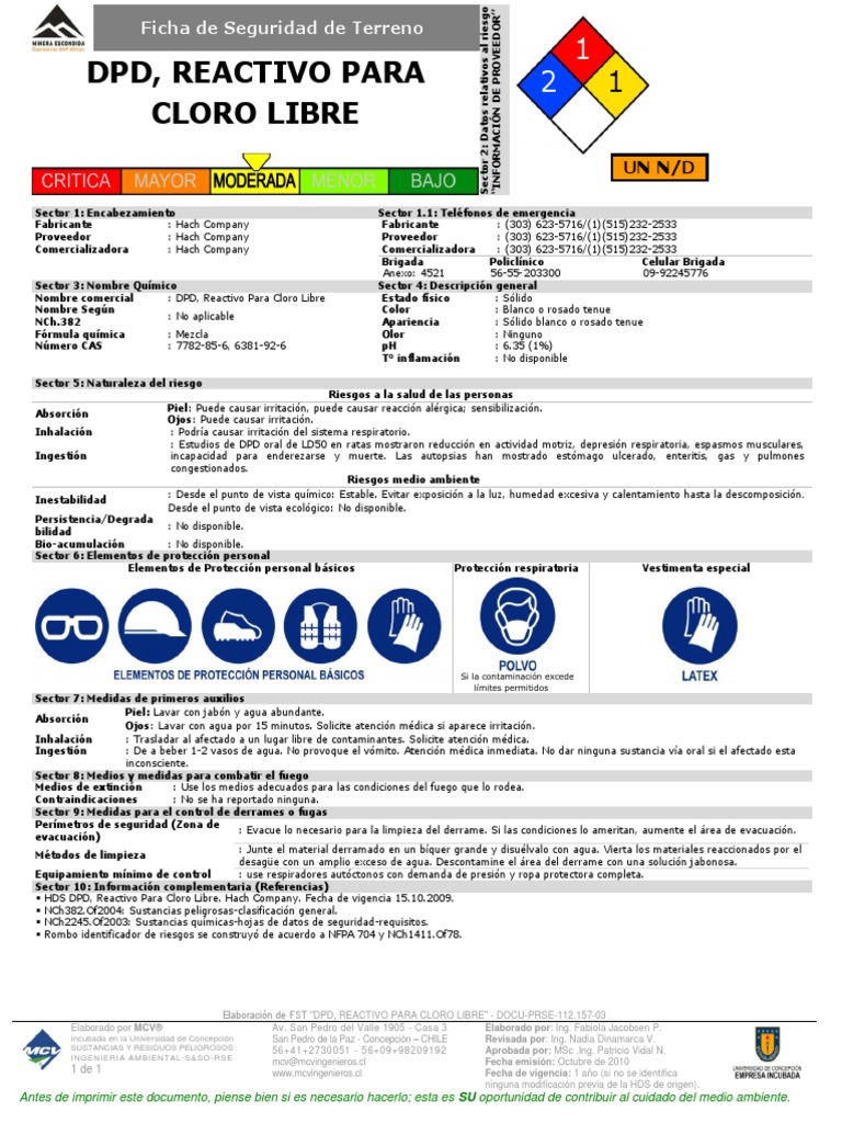 Ficha Tecnica de Cloro Libre | Agua | Bienestar
