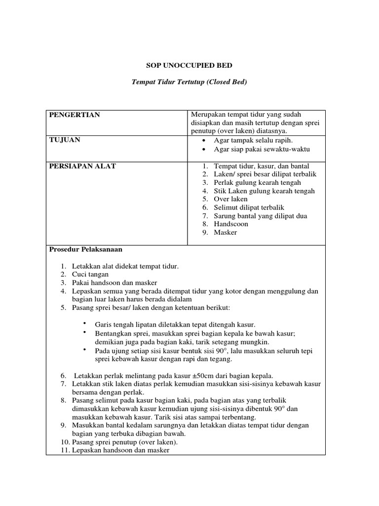Prosedur SOP Bed Making Keperawatan | PDF