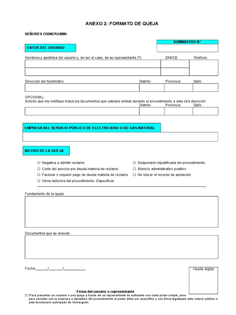 Formato de Queja-Osinergmin | PDF