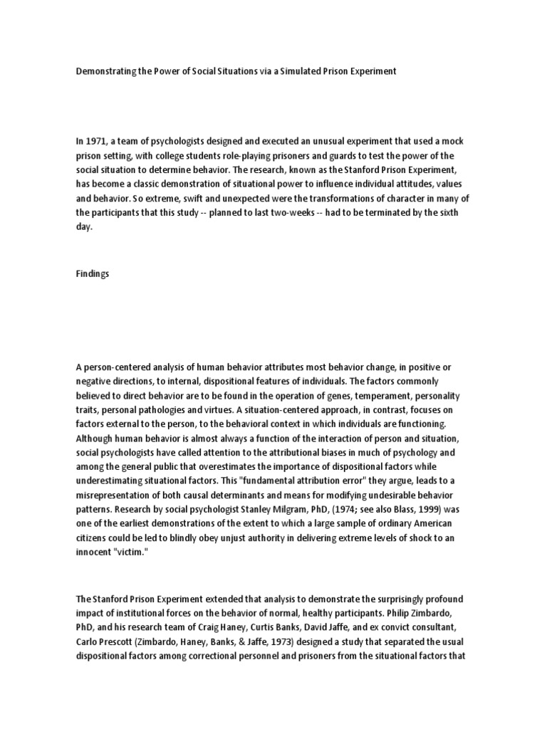 Demonstrating The Power of Social Situations Via A Simulated Prison ...